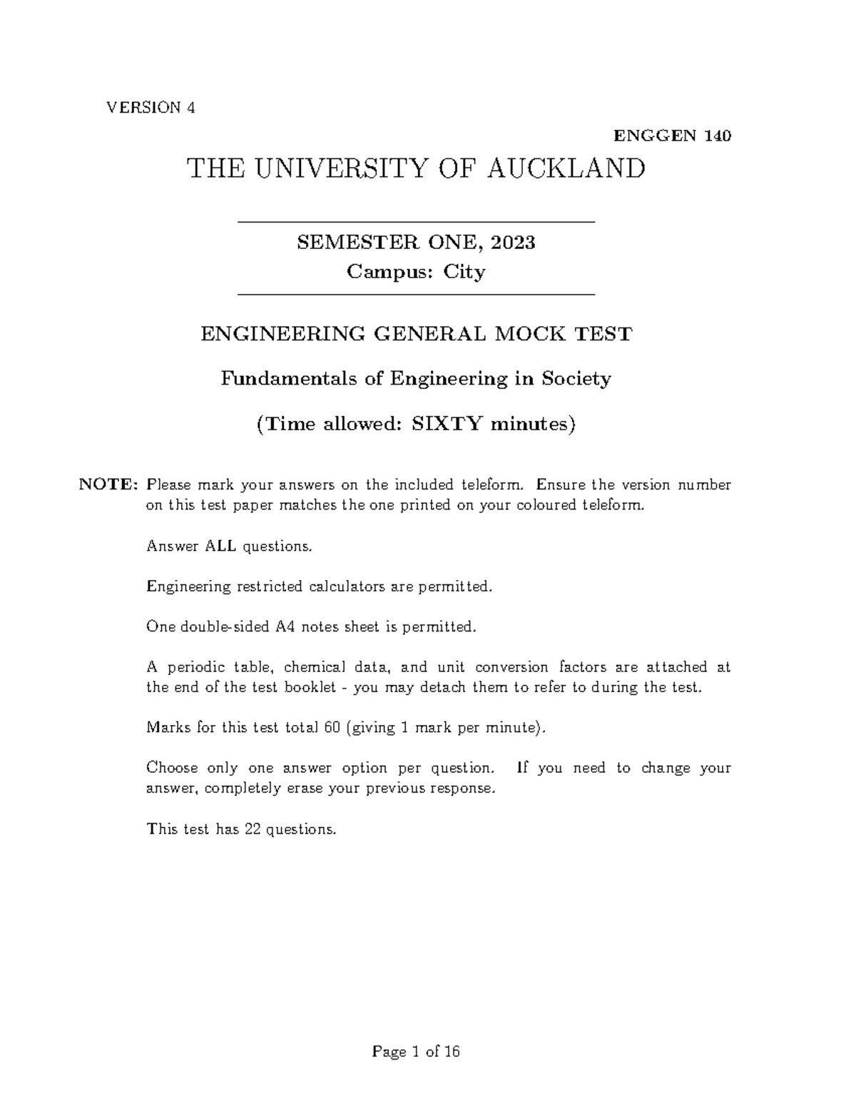 ENGGEN 140 Fundamentals of Engineering in Society Mock Test - Version 4 ...