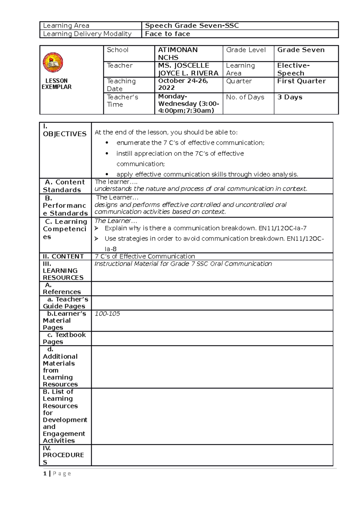 First Q- 7C's of Effective Communication - Learning Area Speech Grade ...
