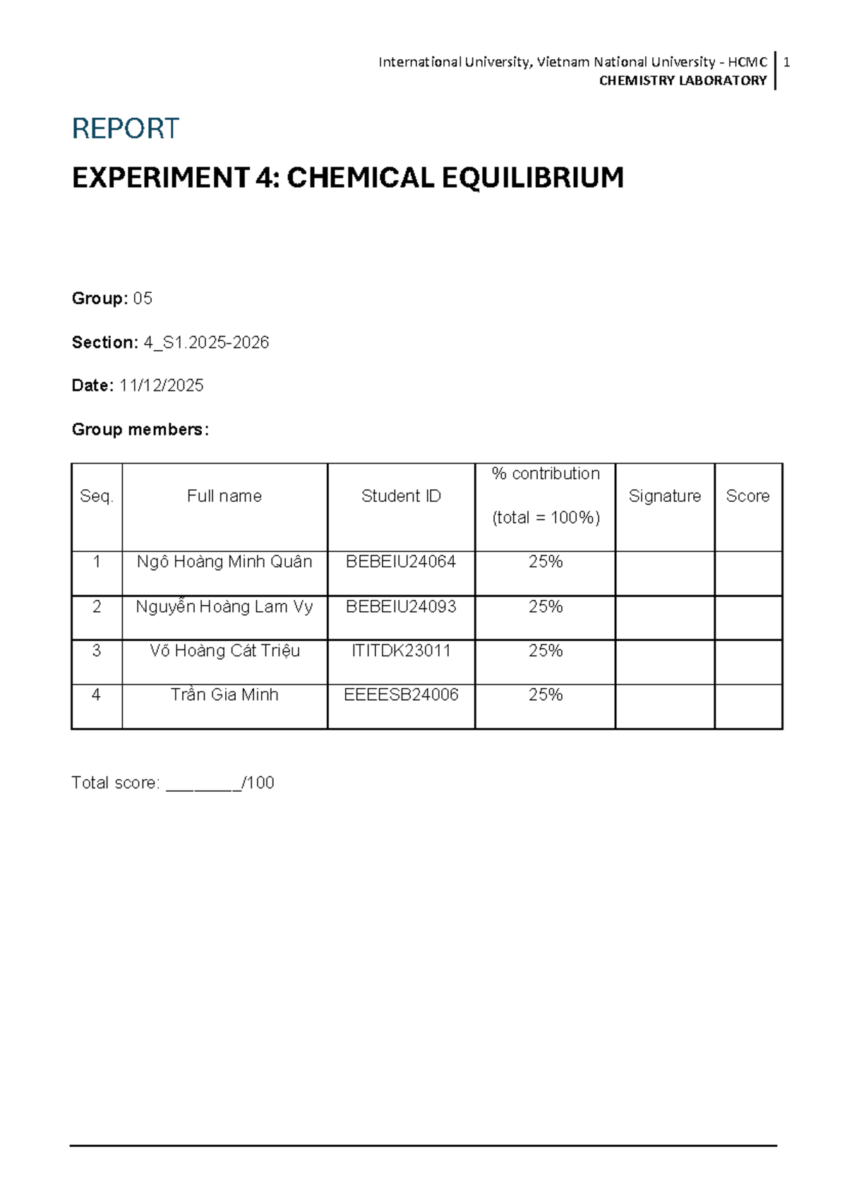 CHEM 101 Lab Report 4: Chemical Equilibrium - Group 05 - Studocu