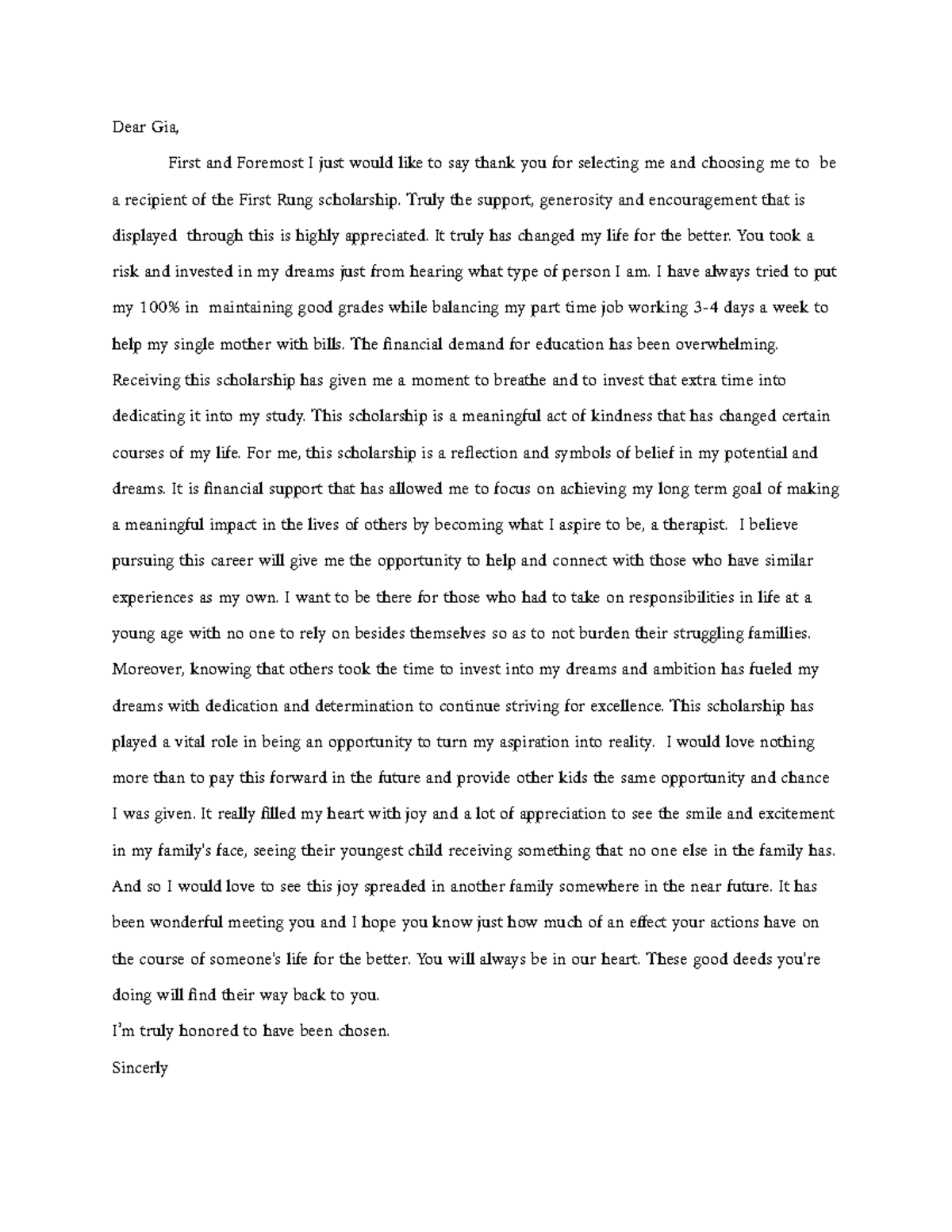 Thank You Letter for First Rung Scholarship Recipient - Studocu