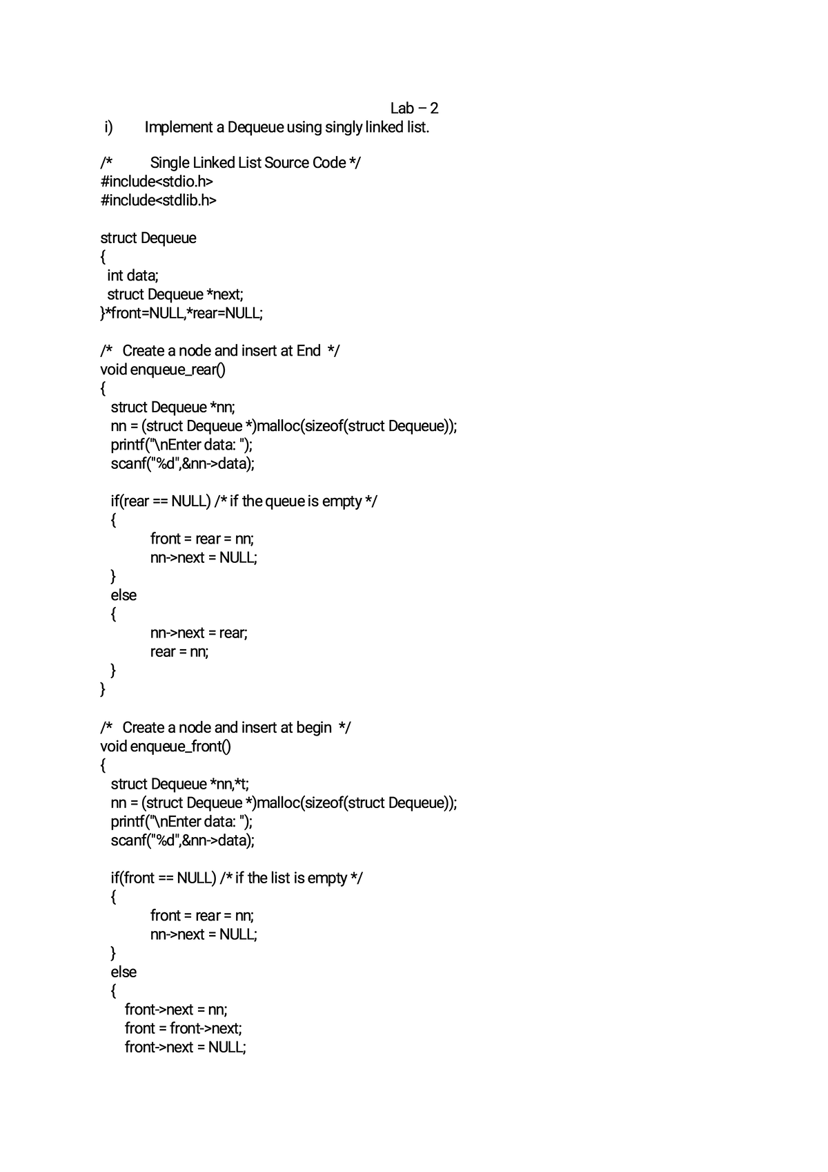Lab 2: Implementing a Dequeue with Singly Linked List in C - Studocu
