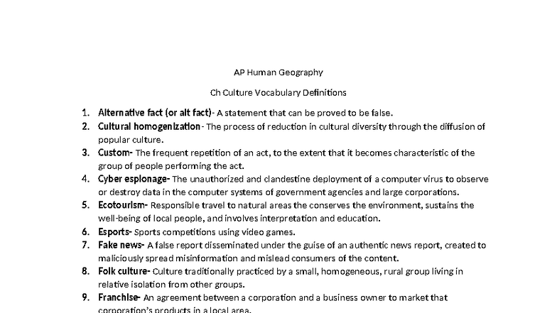 AP Human Geography CH 3 Culture Vocabulary Definitions - Studocu