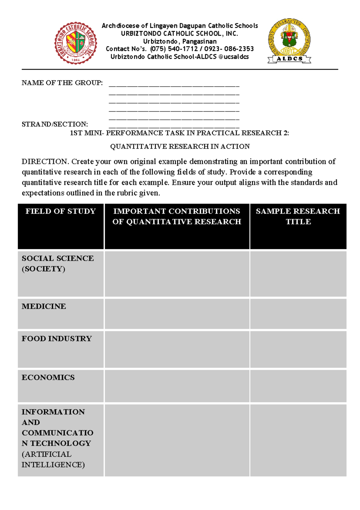 1st Performance Task in PR2: Quantitative Research Examples - Studocu