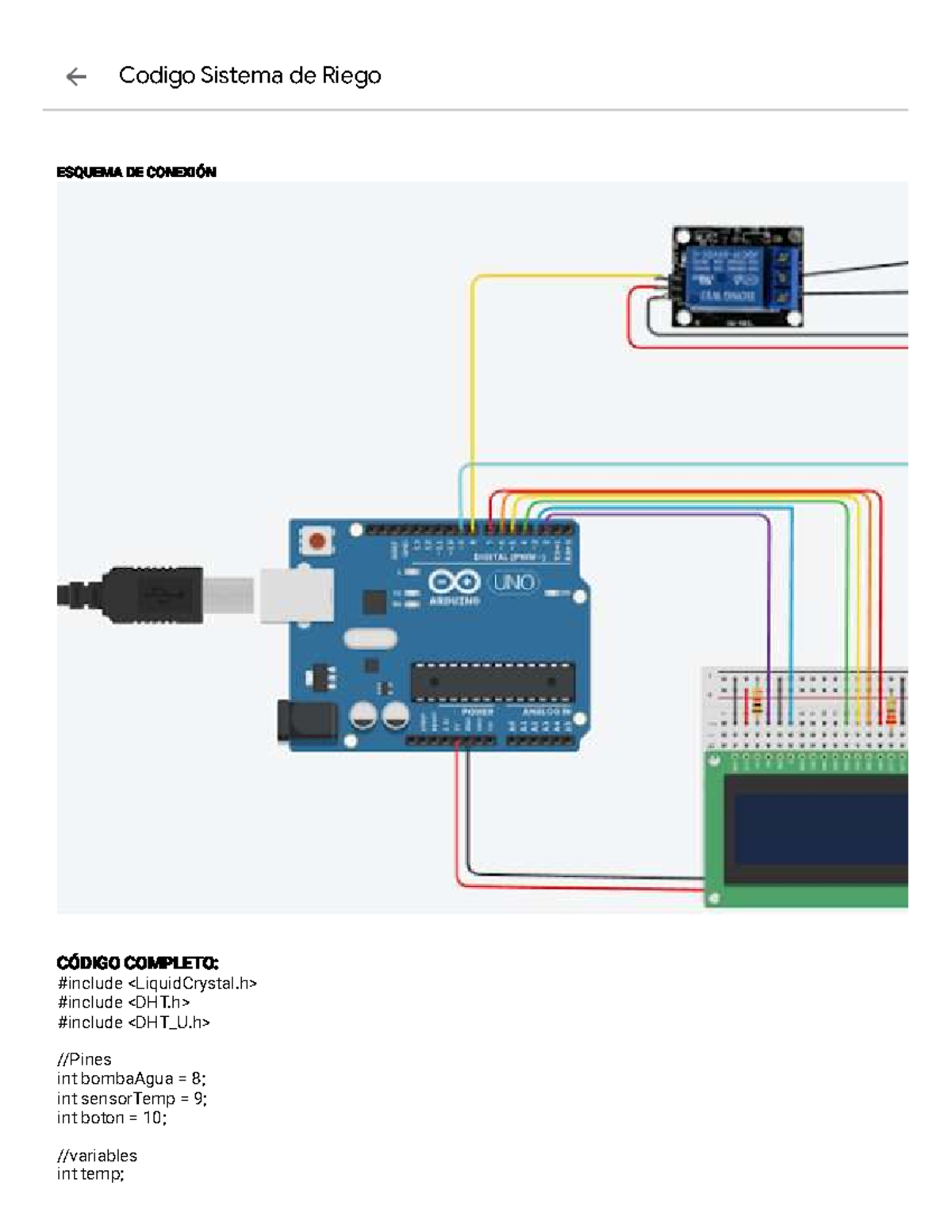 Codigo Sistema de Riego - ESQUEMA DE CONEXIÓN CÓDIGO COMPLETO: #include ...