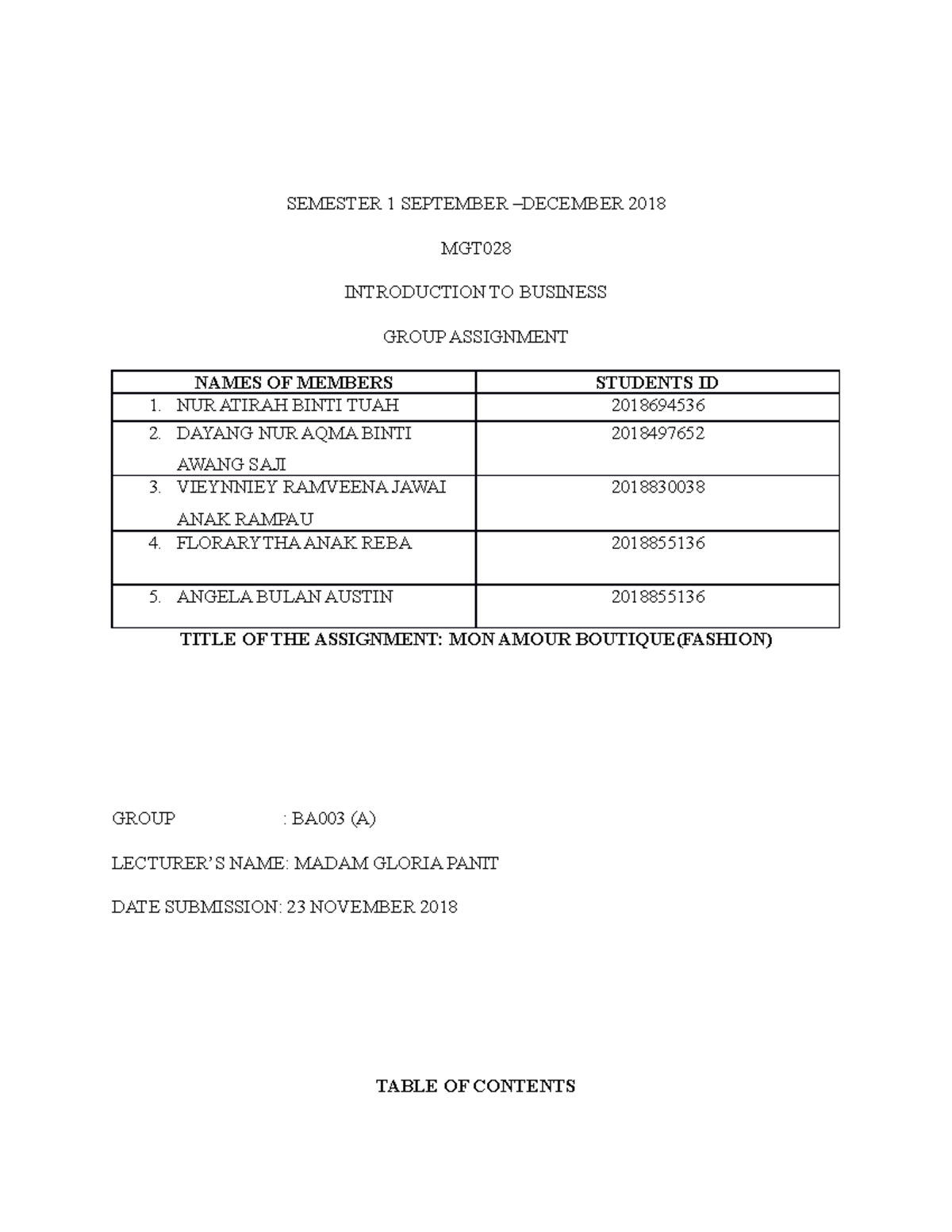 Group Assingment MGT028 - SEMESTER 1 SEPTEMBER –DECEMBER 2018 MGT ...