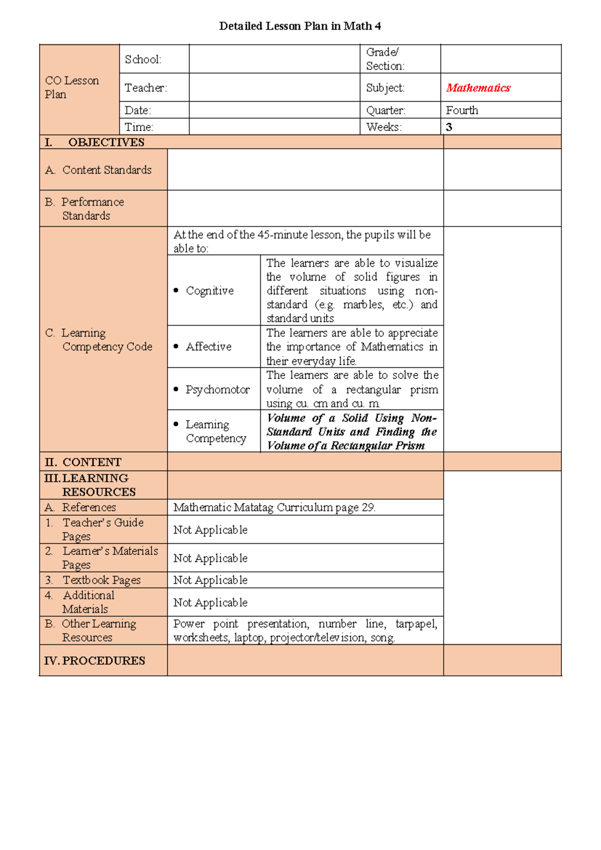DLP - MATH4 Detailed Lesson Plan on Volume of Solids and Rectangular ...
