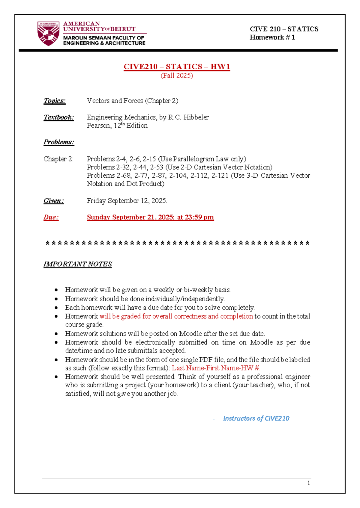 CIVE 210 STATICS Homework 1: Vectors & Forces (Ch 2) Fall 2025 - Studocu