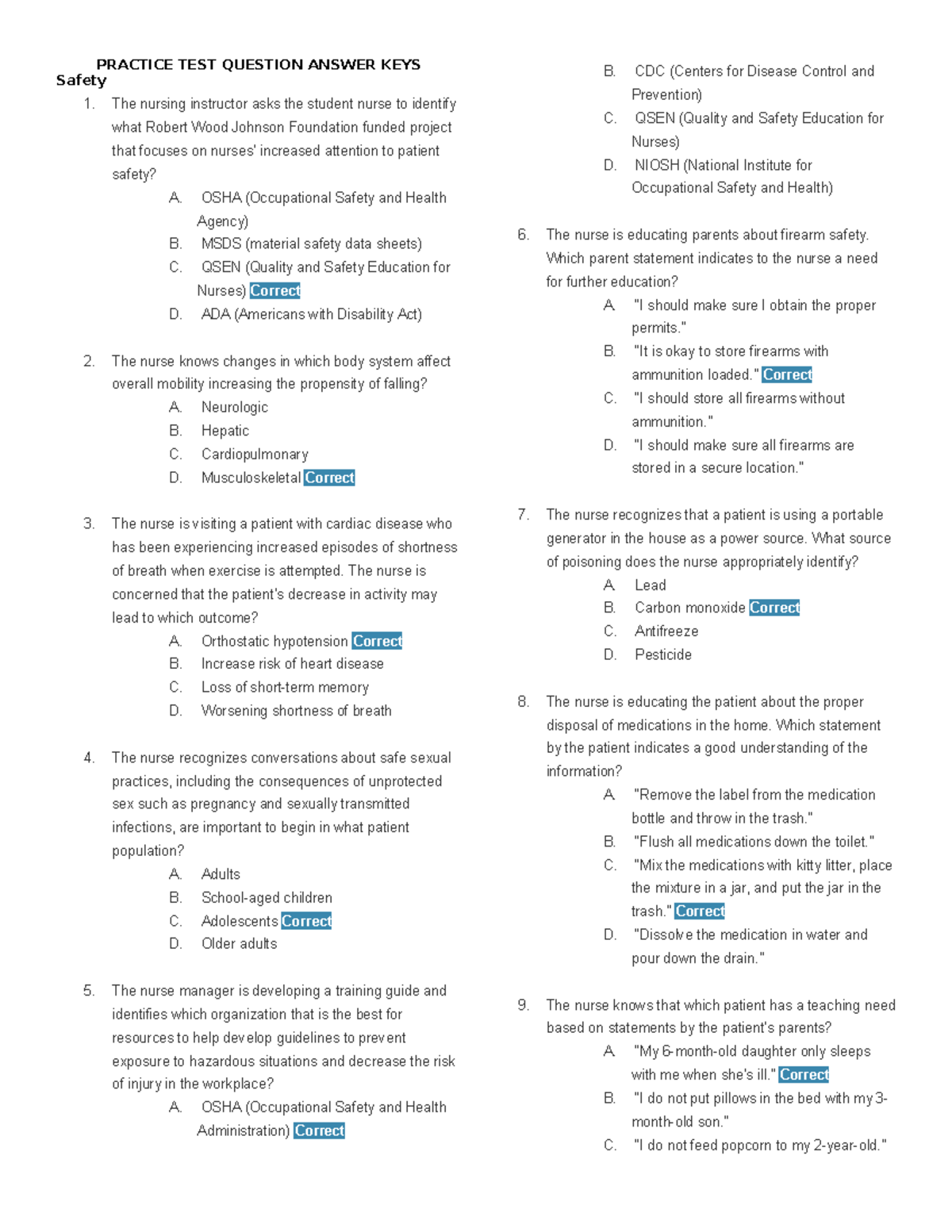 Answer Key for Nursing Practice Test Questions - NUR 101 - Studocu