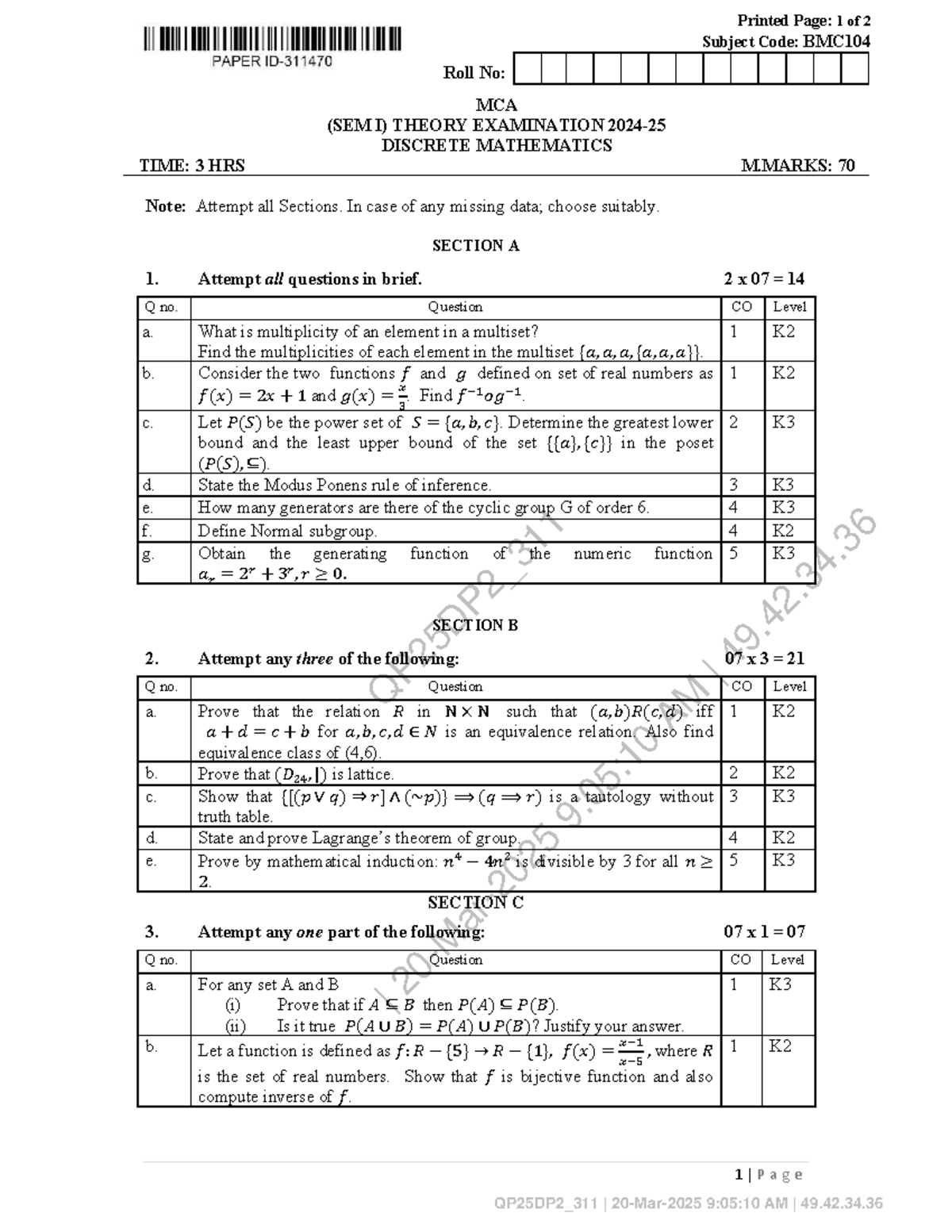 BMC104 - MCA SEM I Discrete Mathematics Theory Exam Paper - Studocu