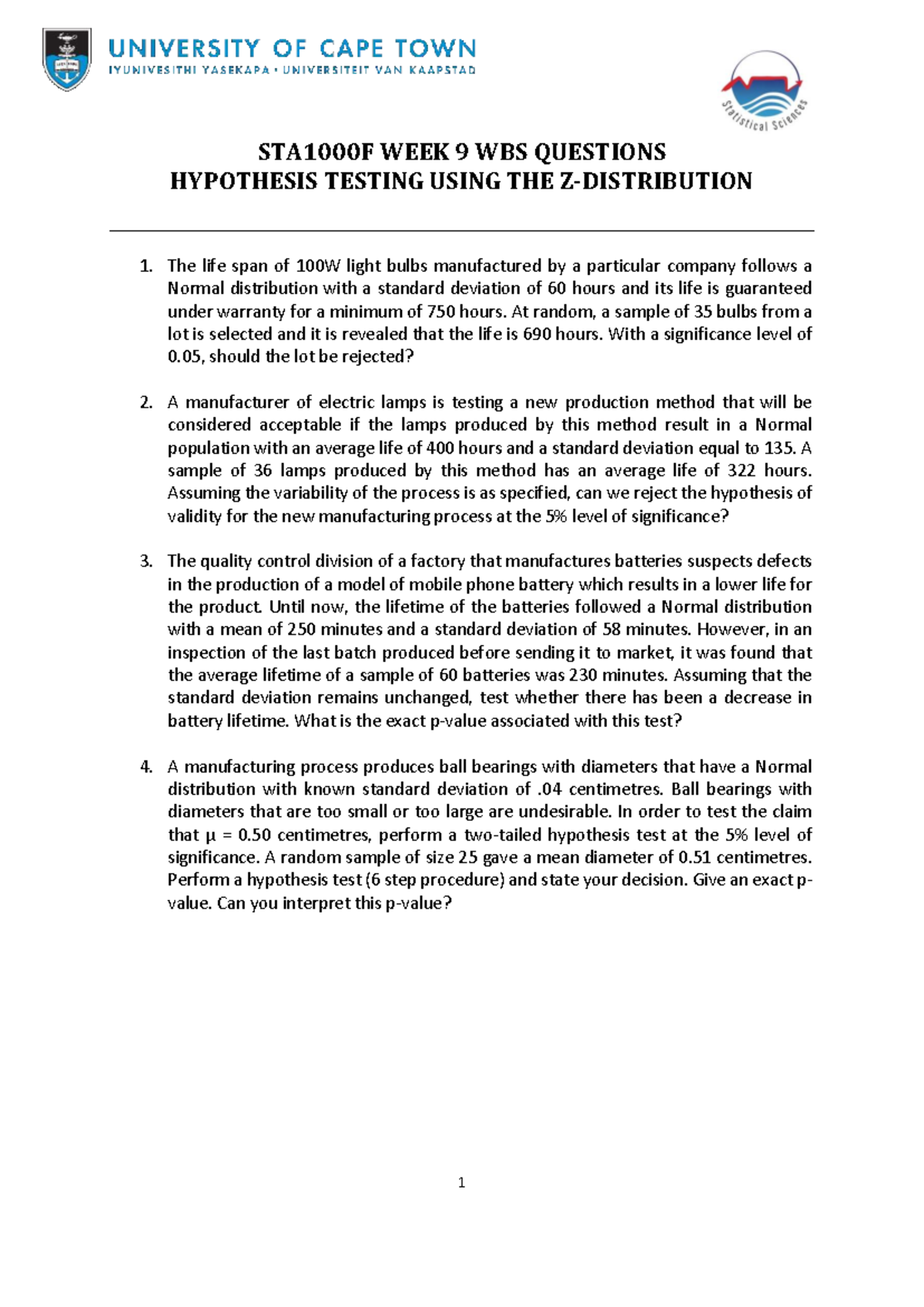 STA1000F 2026 Week 9 Hypothesis Testing Questions and Analysis - Studocu