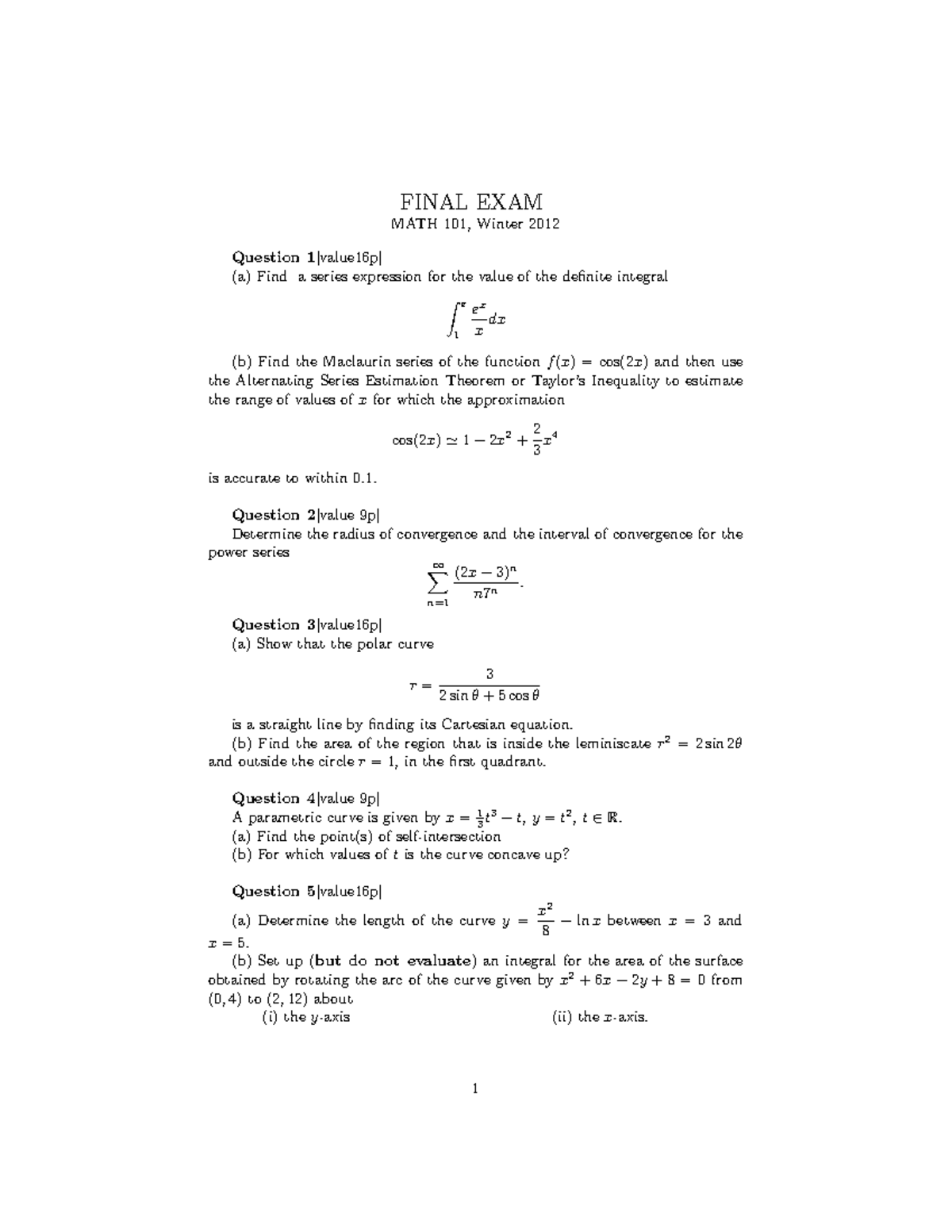 MATH 101 Winter 2012 Final Exam Review and Solutions - Studocu