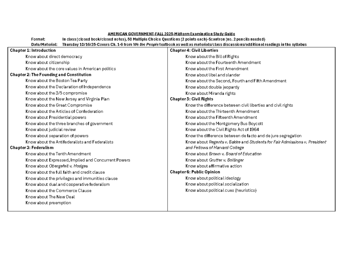 American Government - Fall 2025 Midterm Exam Study Guide - Studocu