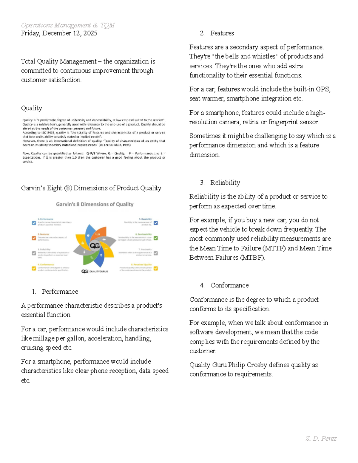 Operations Management TQM: Key Dimensions of Quality and Service - Studocu
