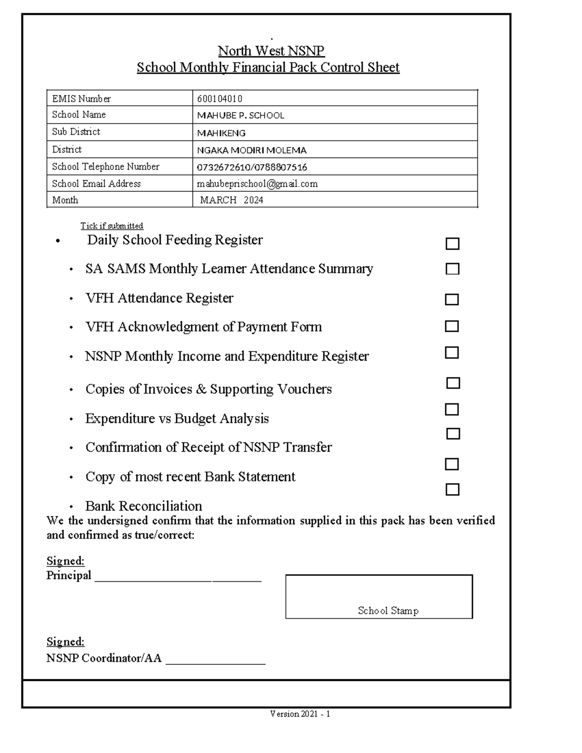NSNP 2024 Monthly Financial Control Sheet for Mahube P. School - Studocu