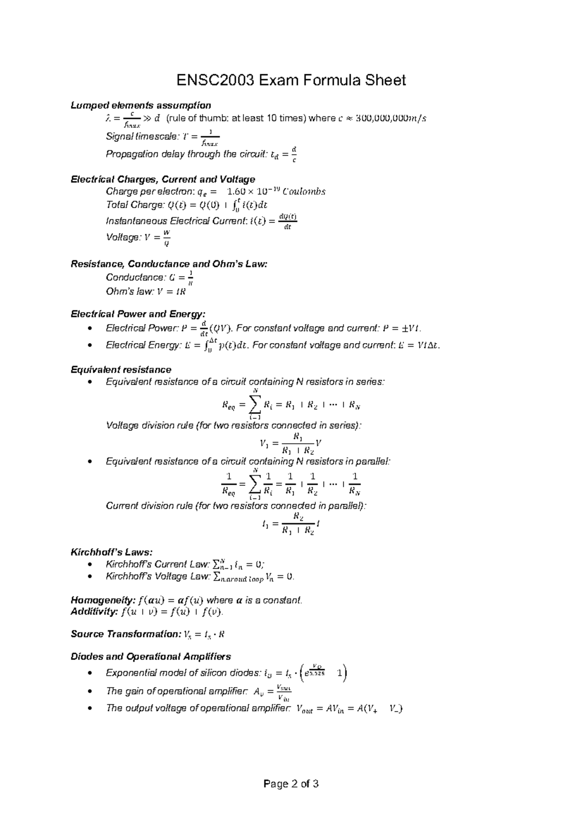 ENSC2003 Final Exam Formula Sheet for Circuit Analysis - Studocu