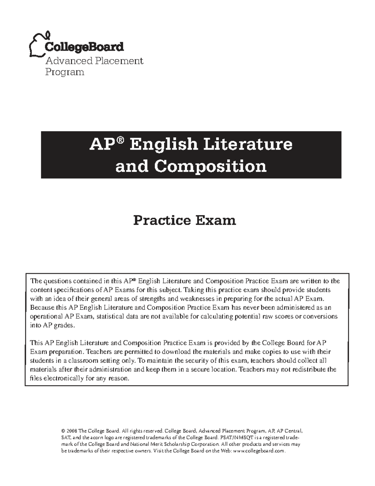 AP English Literature & Composition 2008 Practice Exam Questions - Studocu