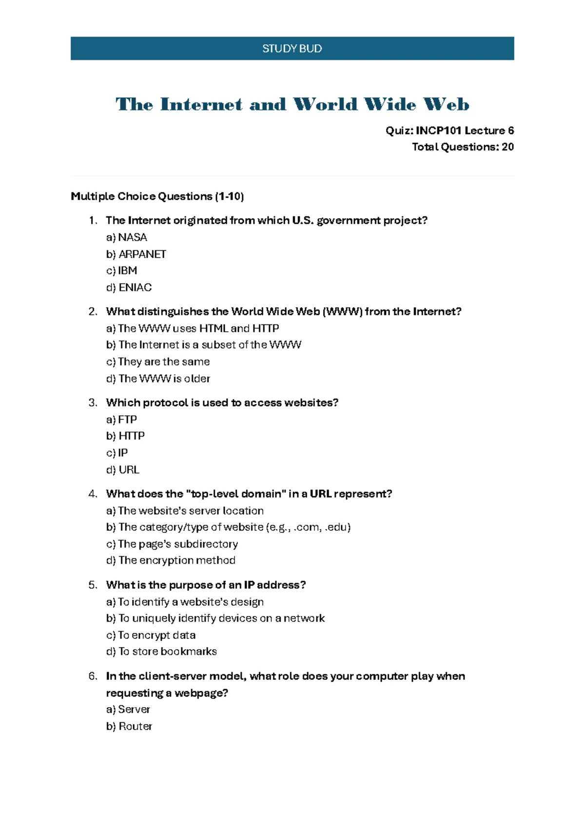 INCP101 The Internet and World Wide Web Test: Lecture 8 Review - Studocu