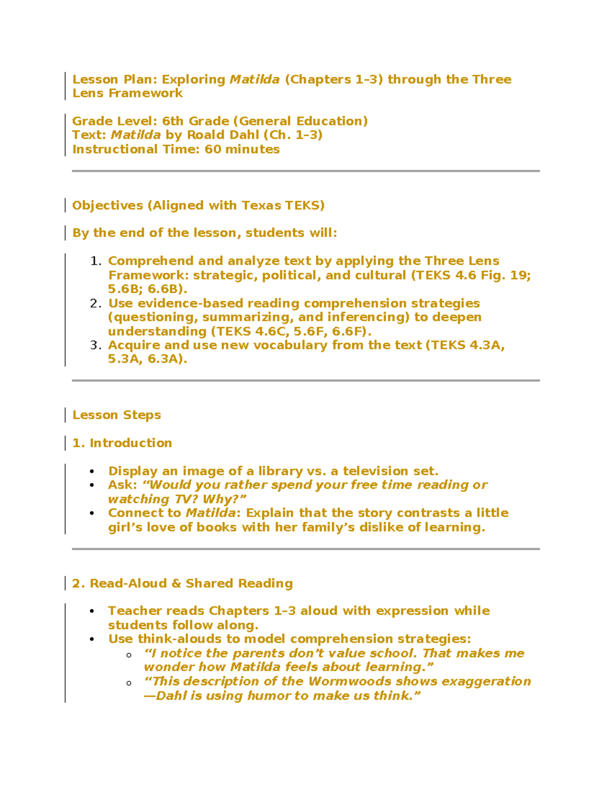 Lesson Plan: Analyzing Matilda Through Three Lenses (6th Grade) - Studocu