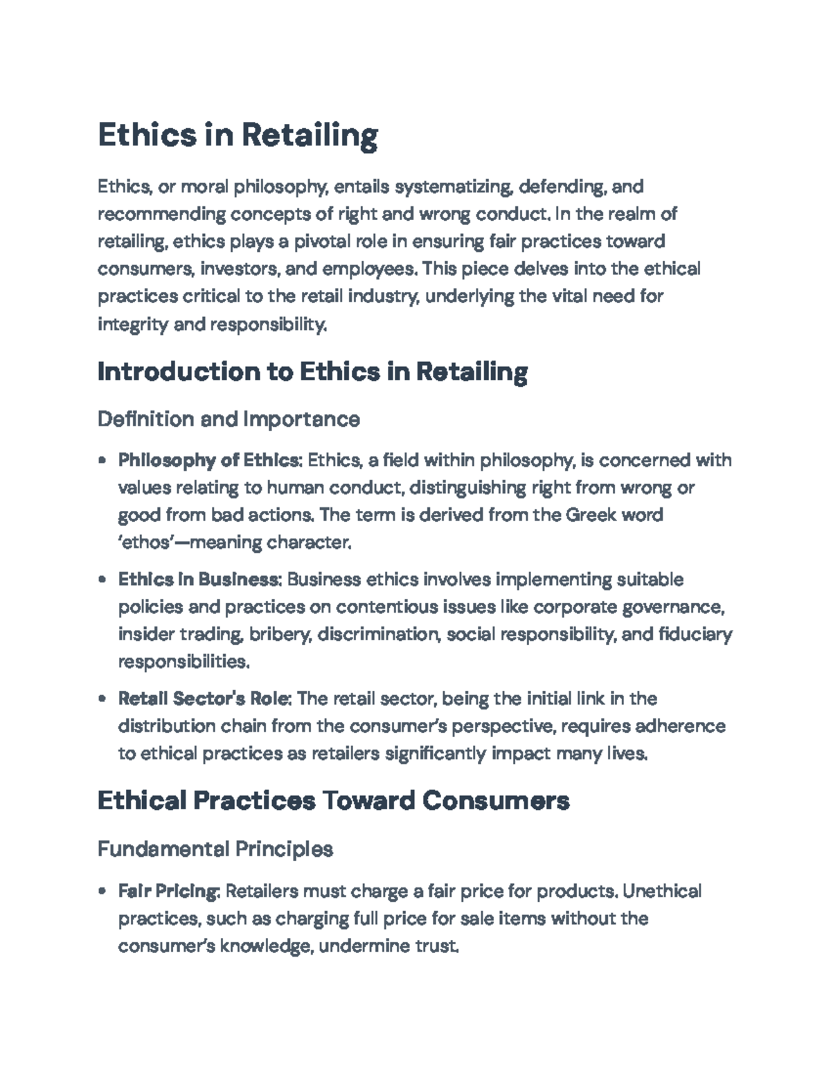 Ethics in Retailing: Importance, Practices, and Challenges - Ethics in ...