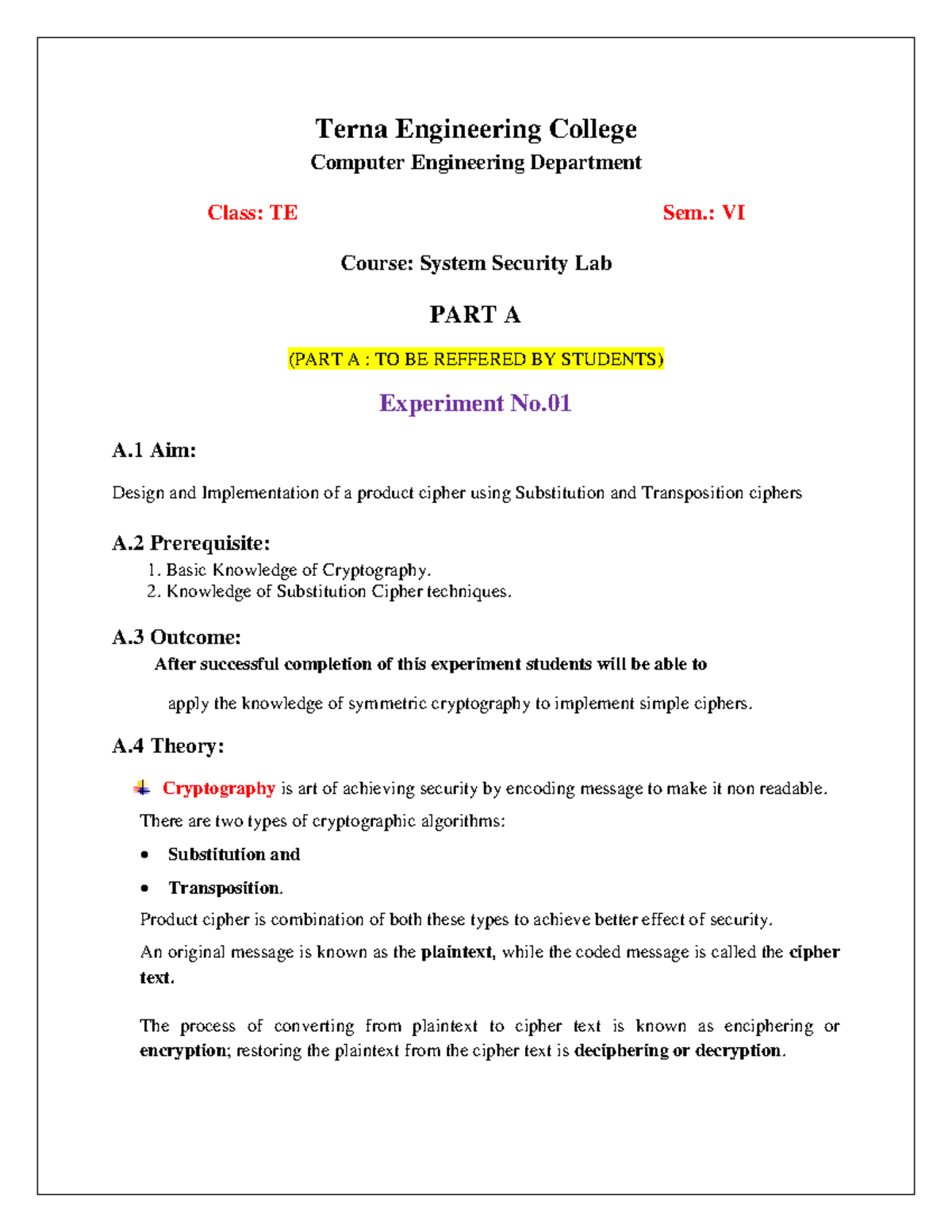 CSS Experiment No. 1: Product Cipher Design & Implementation - Studocu