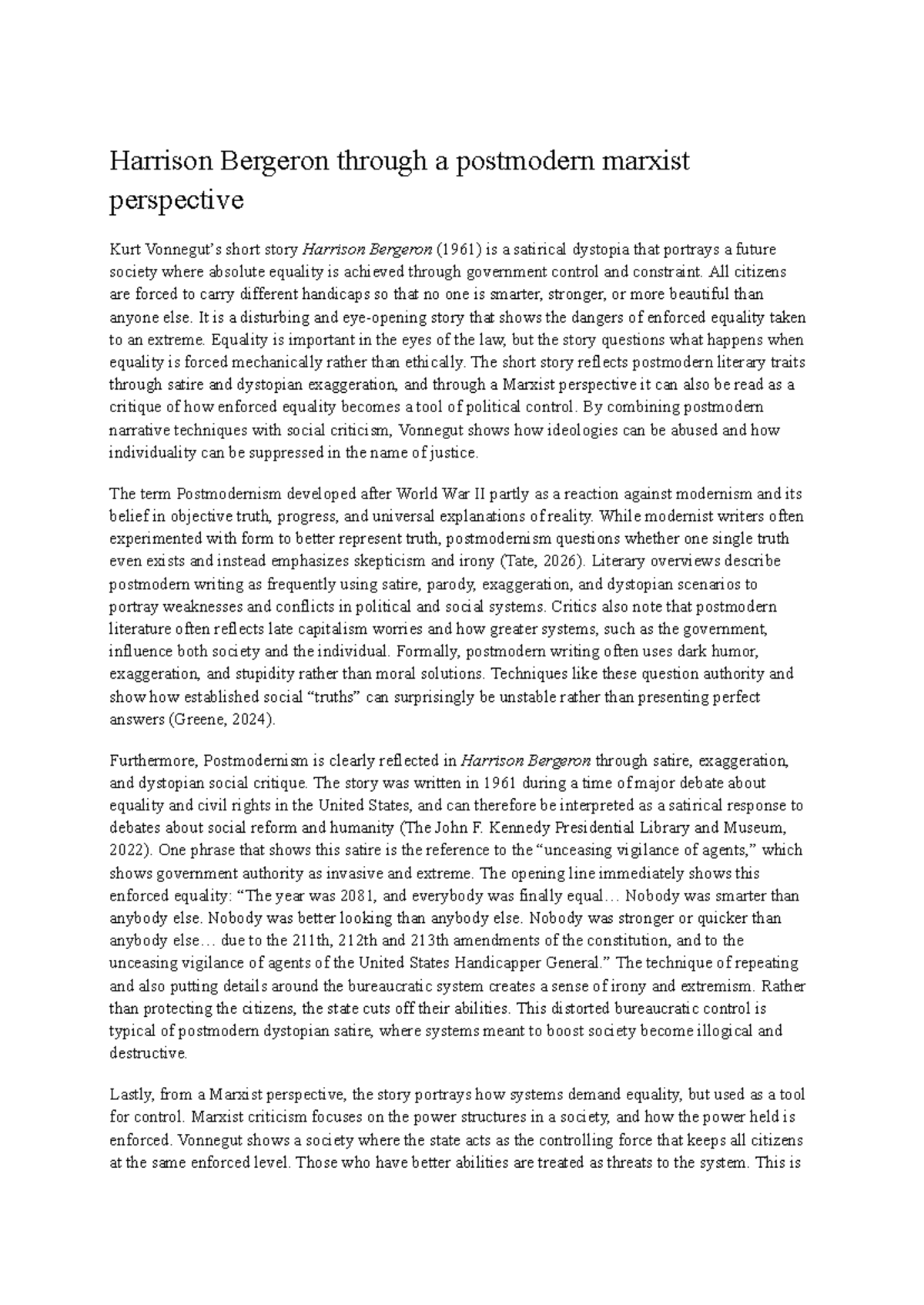 Literary Analysis of Harrison Bergeron: A Postmodern Marxist View - Studocu
