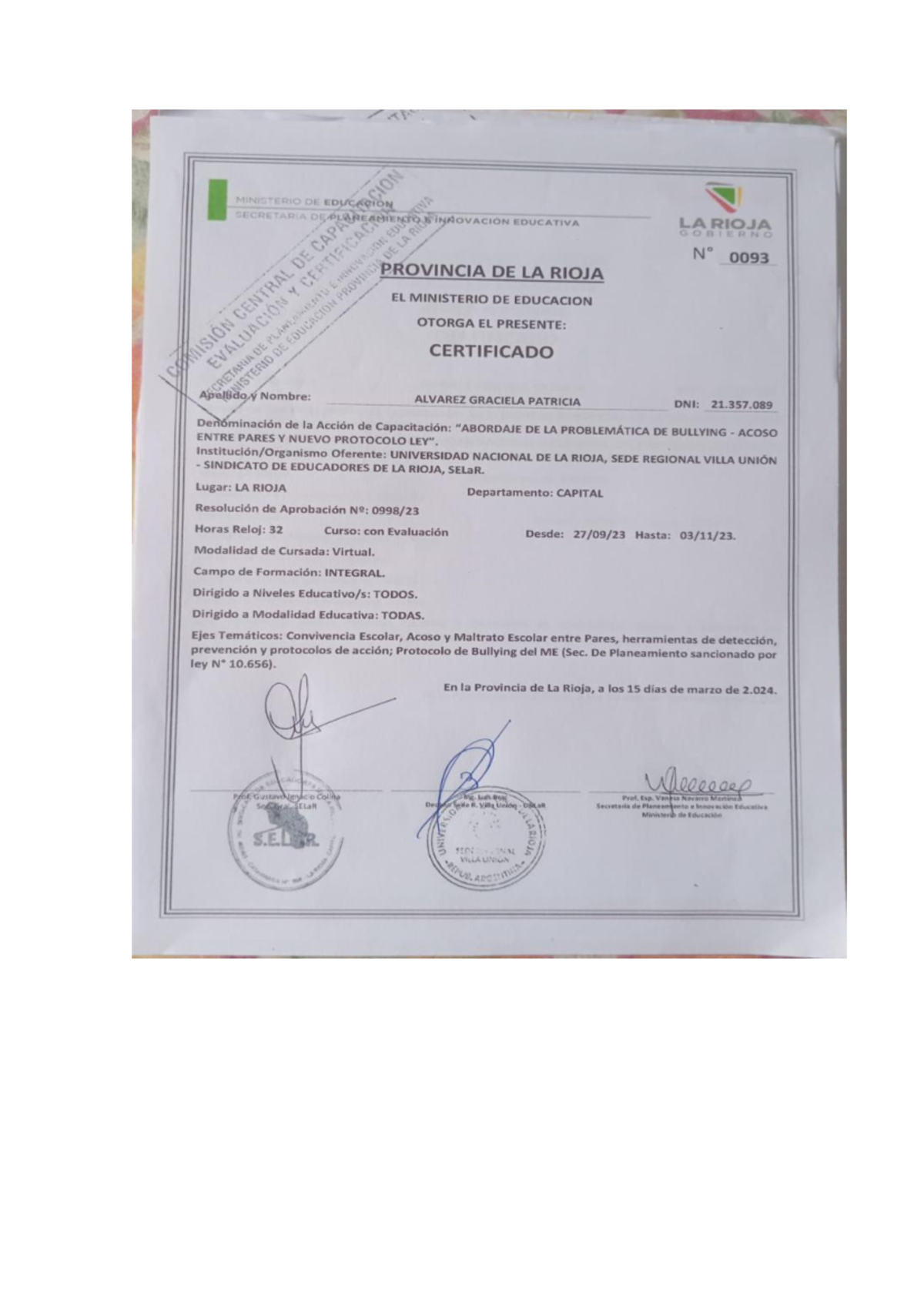 Certificado de Capacitación: Abordaje del Bullying y Protocolo LEY ...