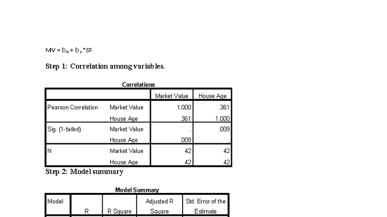 MV b0 b1 Step 1: Correlation Analysis of Market Value & House Age - Studocu