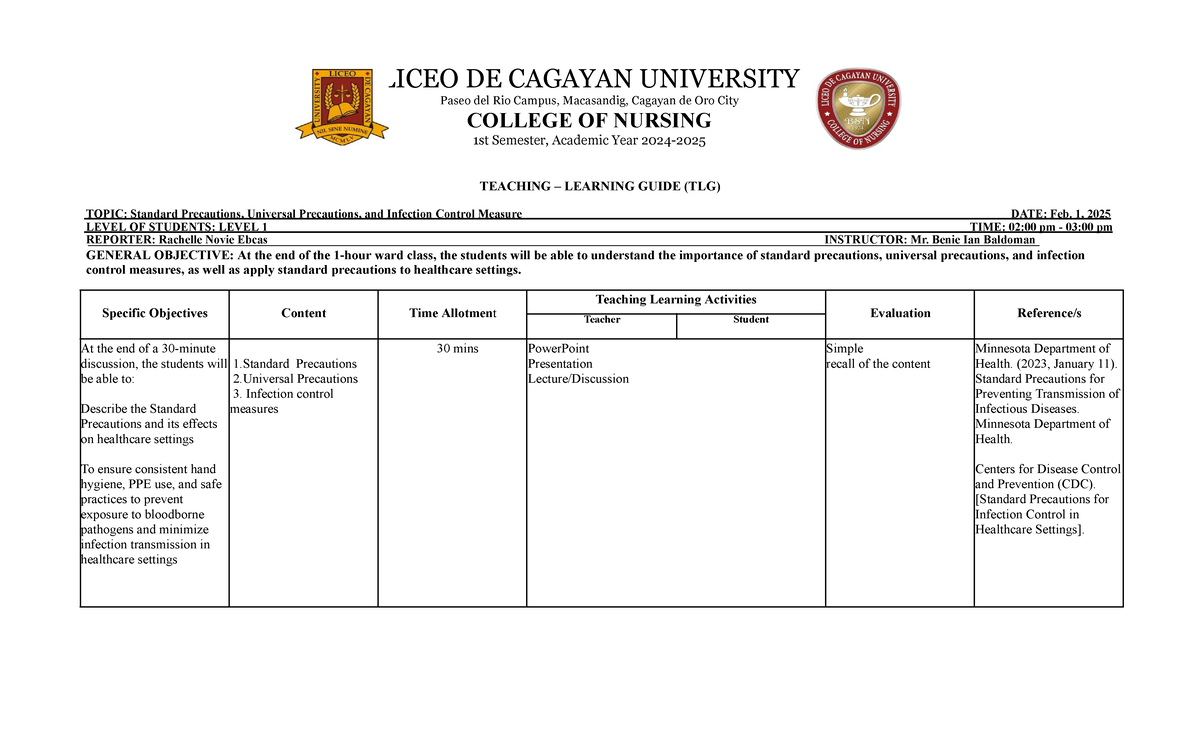NURS 101 - Teaching-Learning Guide on Infection Control Measures - Studocu