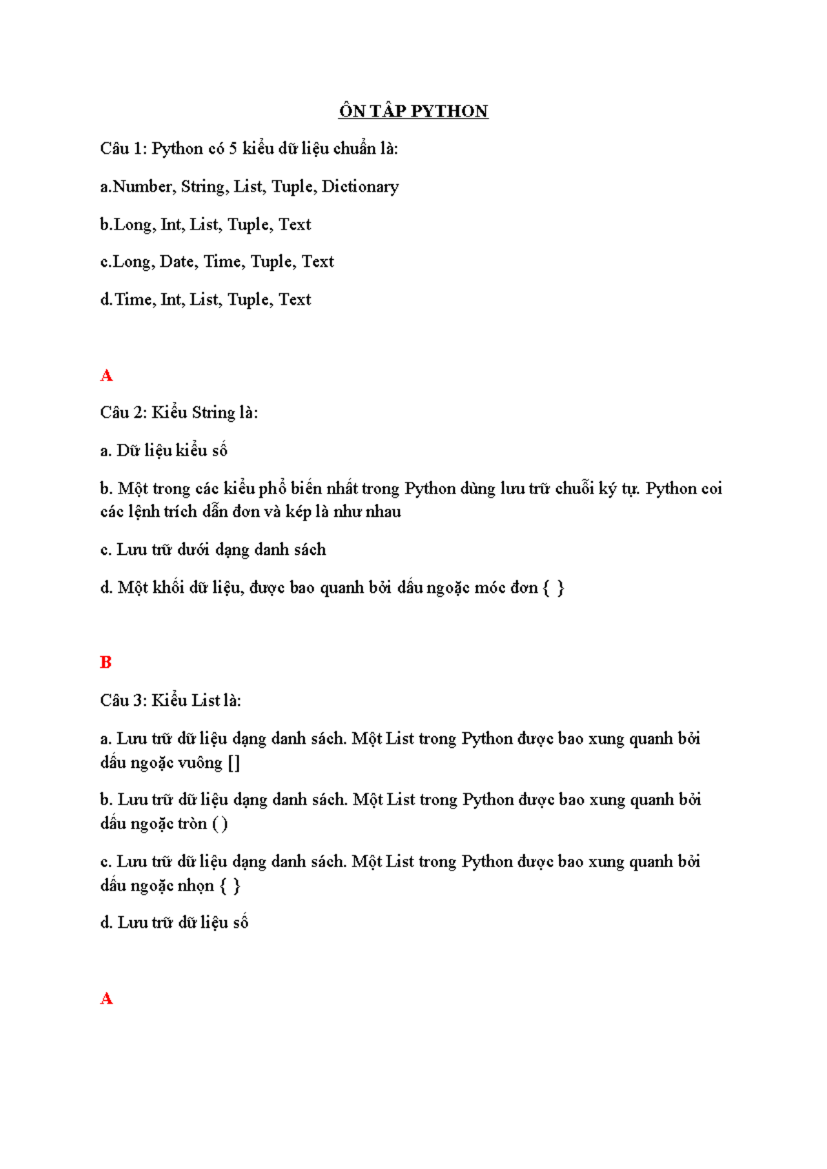 ON TAP Python - jjkjhg - ÔN TÂP PYTHON Câu 1: Python có 5 kiểu dữ liệu ...