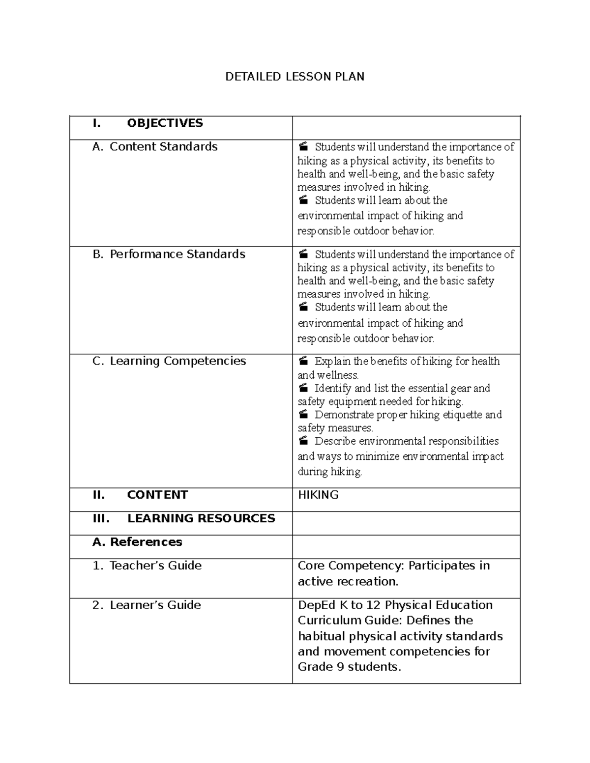 Grade 9 PE Lesson Plan: Benefits and Safety of Hiking - Studocu