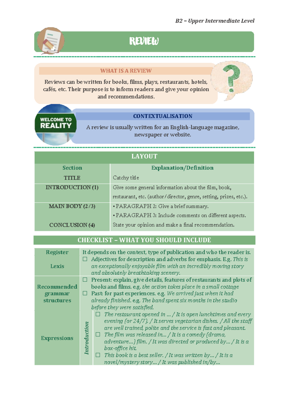B2 Upper Intermediate Level Review Guide: Writing Effective Reviews ...