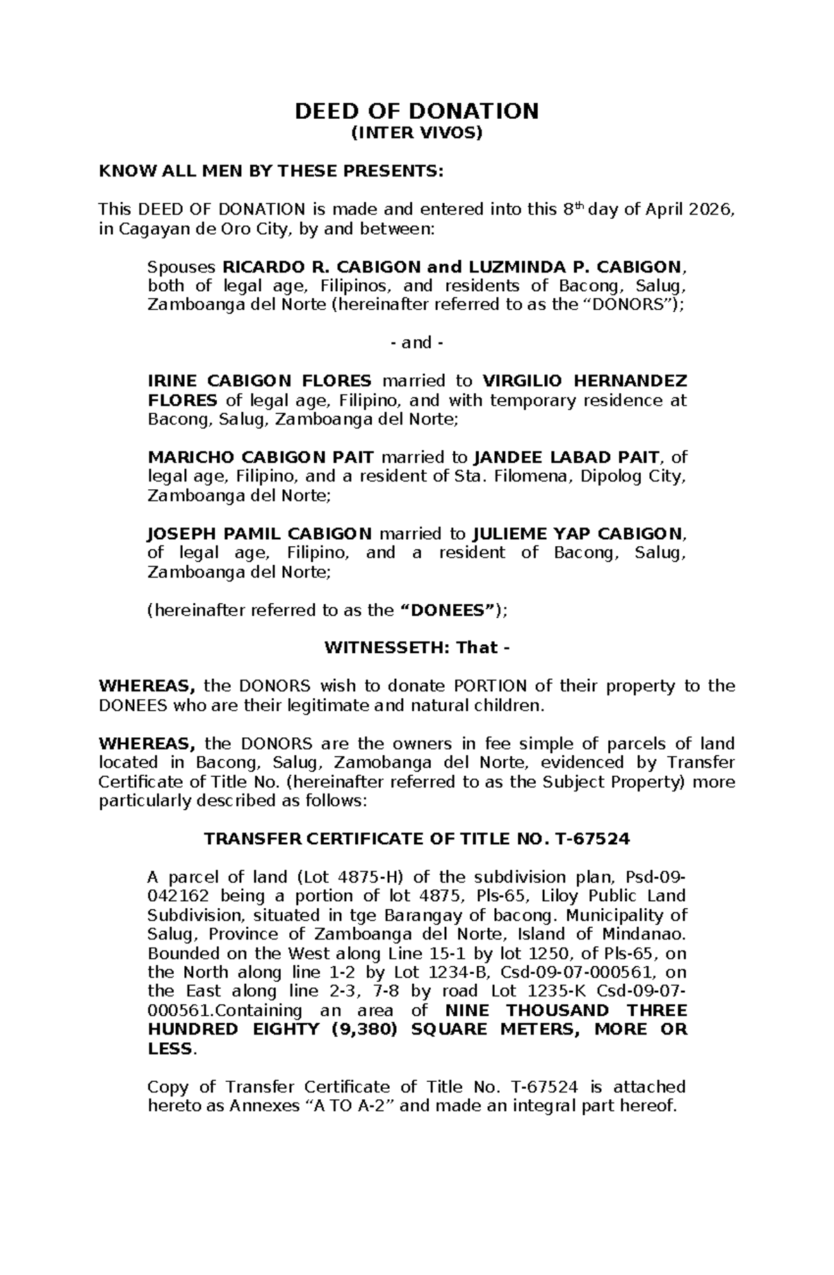 Deed of Donation (Inter Vivos) - Property Transfer Details - Studocu
