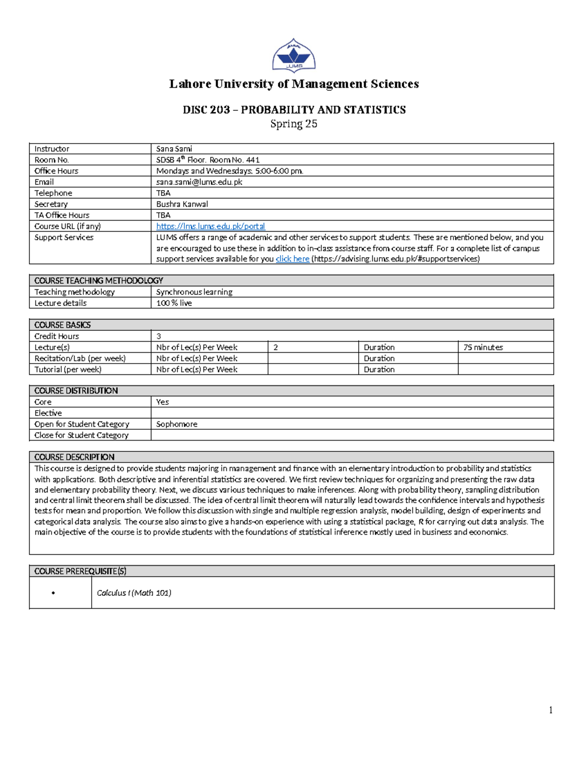 LUMS DISC 203 Probability and Statistics Course Outline Spring 2025 ...
