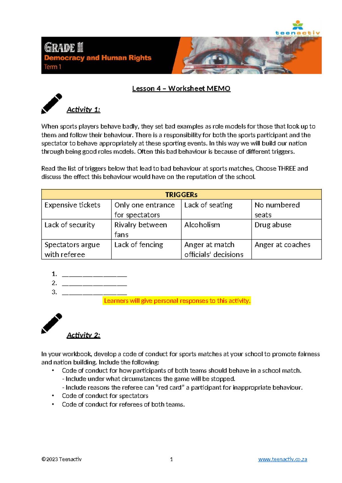 Lesson 4 Worksheet MEMO: Sportsmanship and Nation Building Activities ...