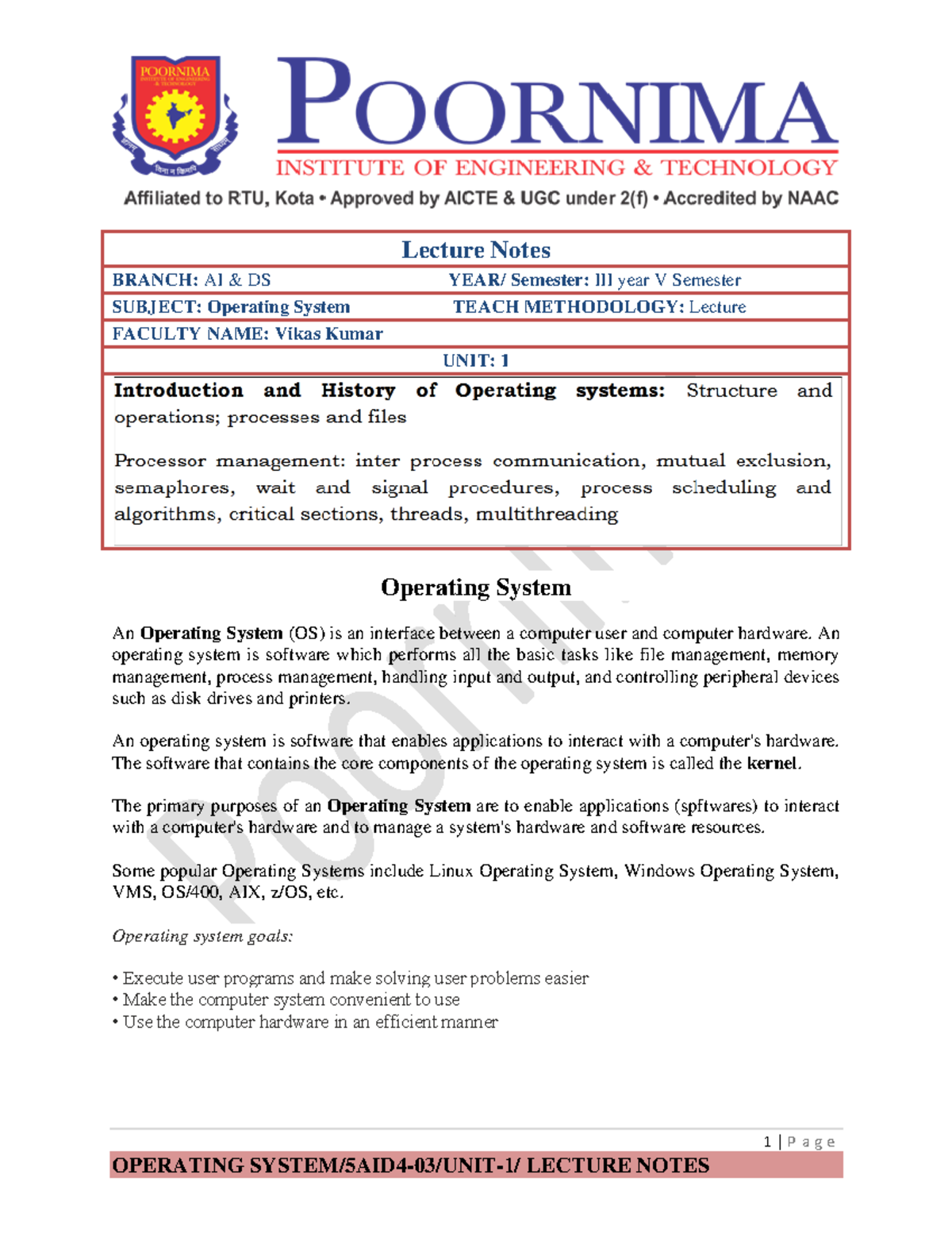 Operating System Lecture Notes: Unit 1 Overview (AI & DS III/V) - Studocu