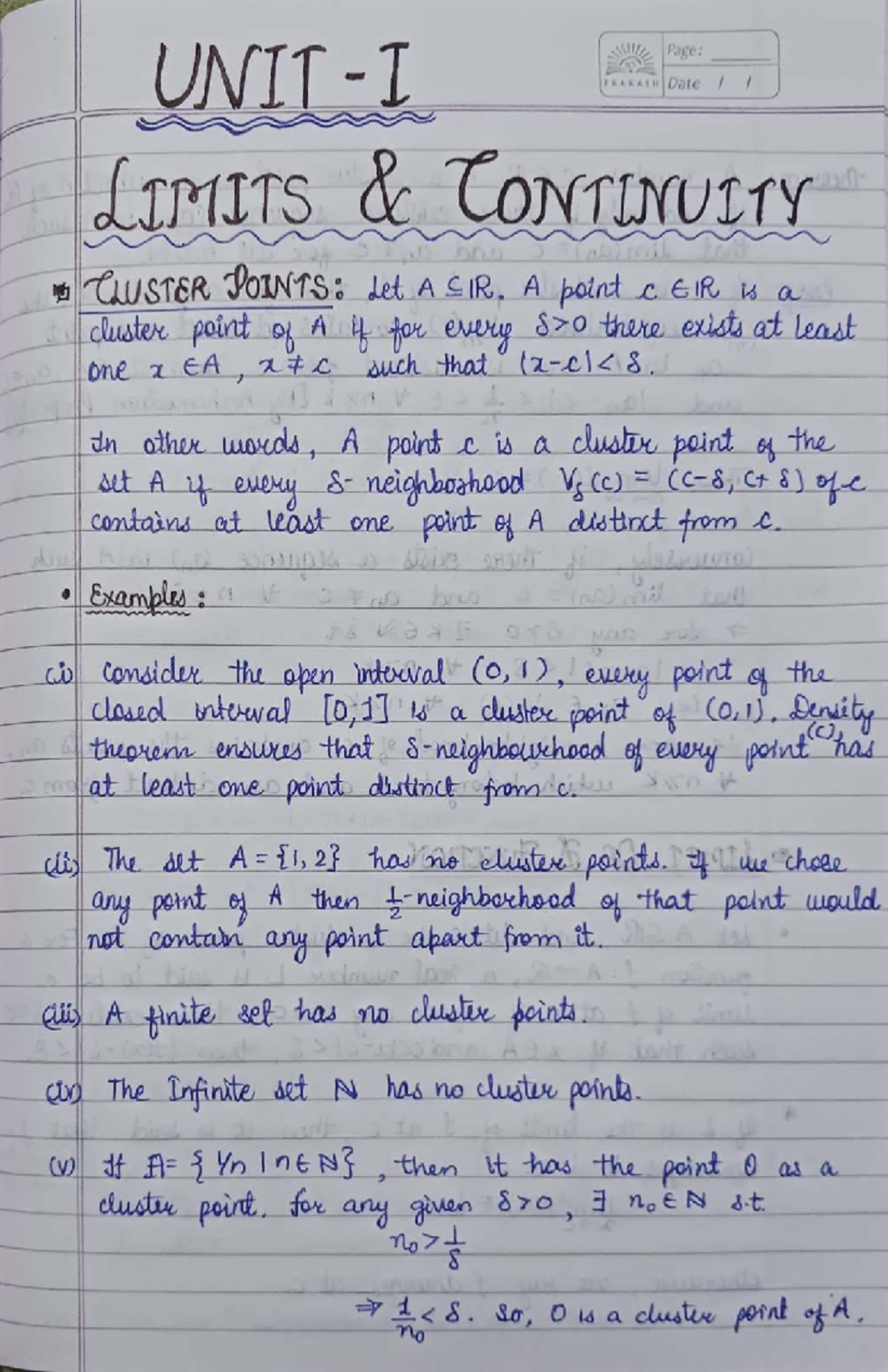 UNIT 1 - SEM 2 CALCULUS: LIMITS, CONTINUITY & CLUSTER POINTS - Studocu