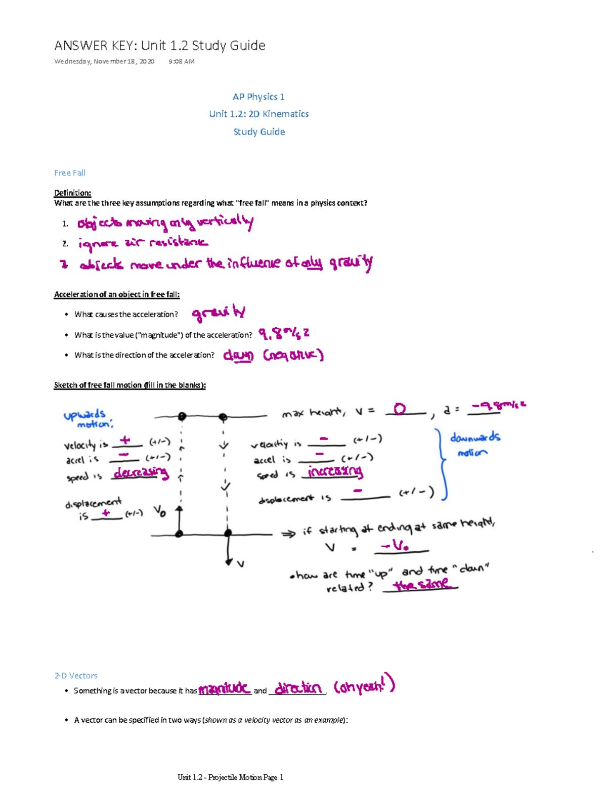 AP Physics 1 Unit 1.2 Study Guide: 2D Kinematics & Projectile Motion - Studocu