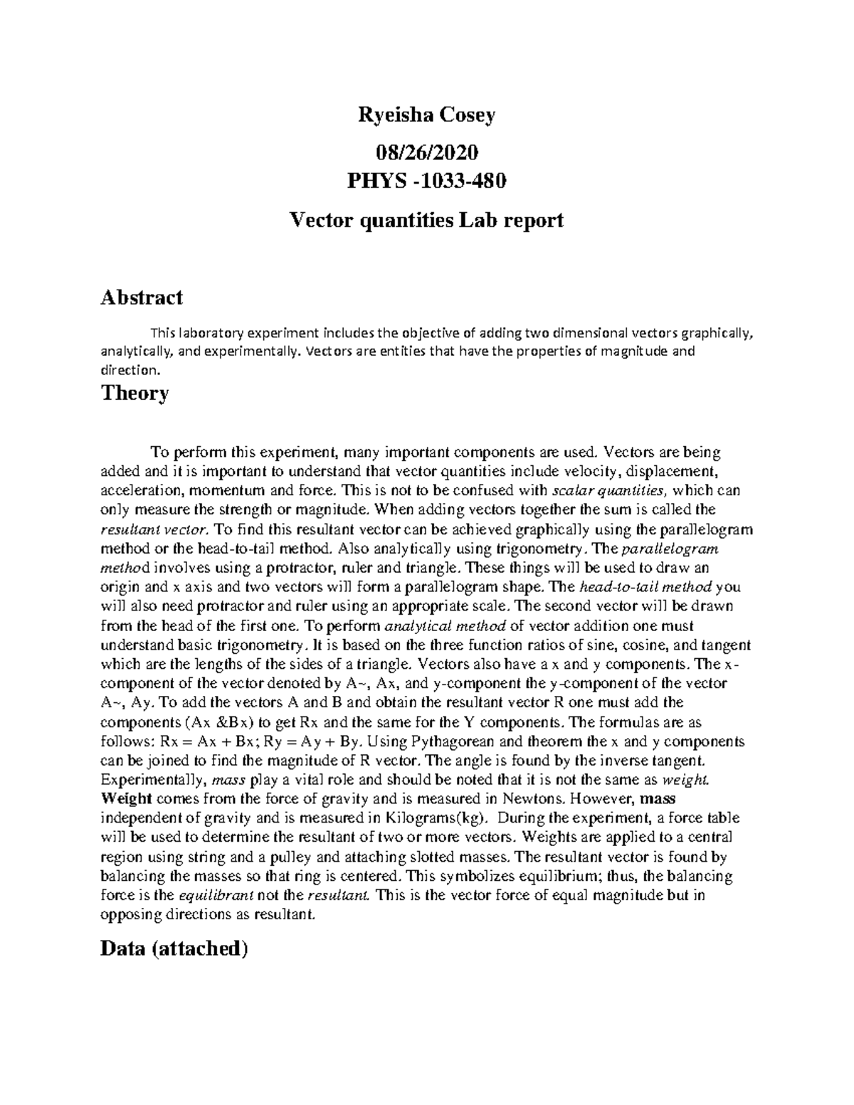 PHYS-1033 Vector Quantities Lab Report: Analysis and Results - Studocu