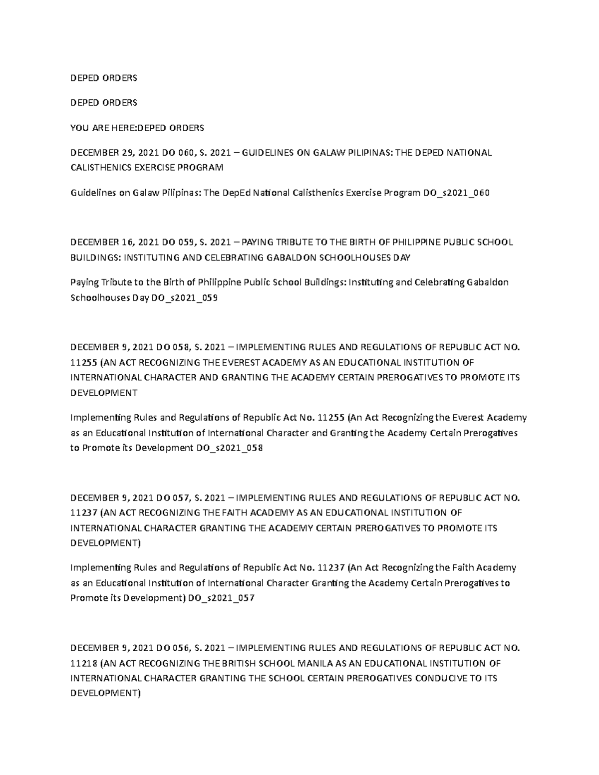 Comprehensive List of DepEd Orders for 2021 DO_s2021_ - Studocu