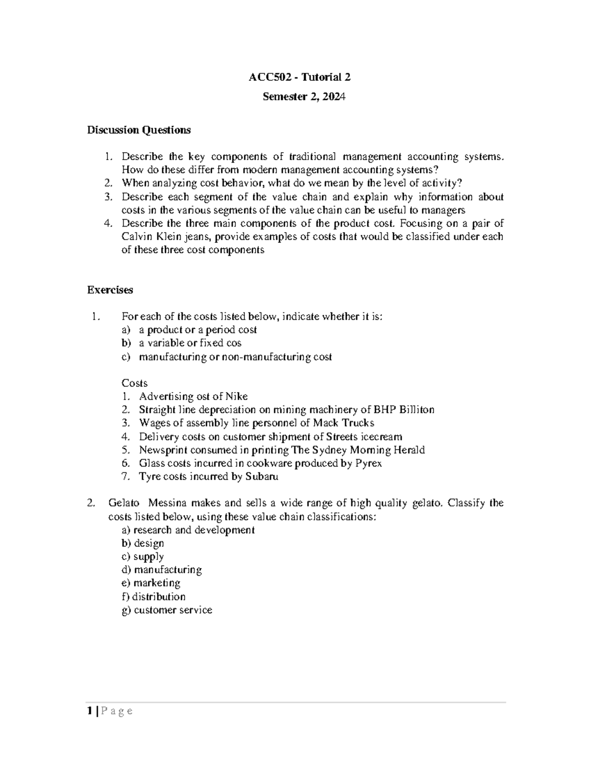 Tutorial 2 ACC 502 - Key Concepts in Management Accounting Systems ...