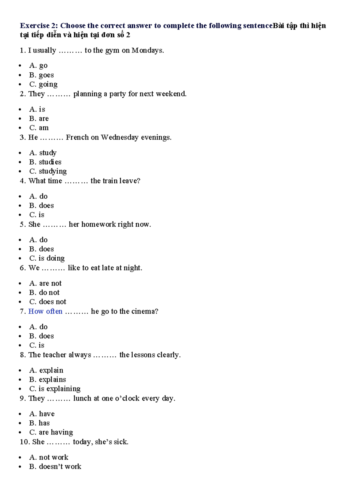 Exercise 2: Present Continuous and Simple Tense Practice for Class 9 ...