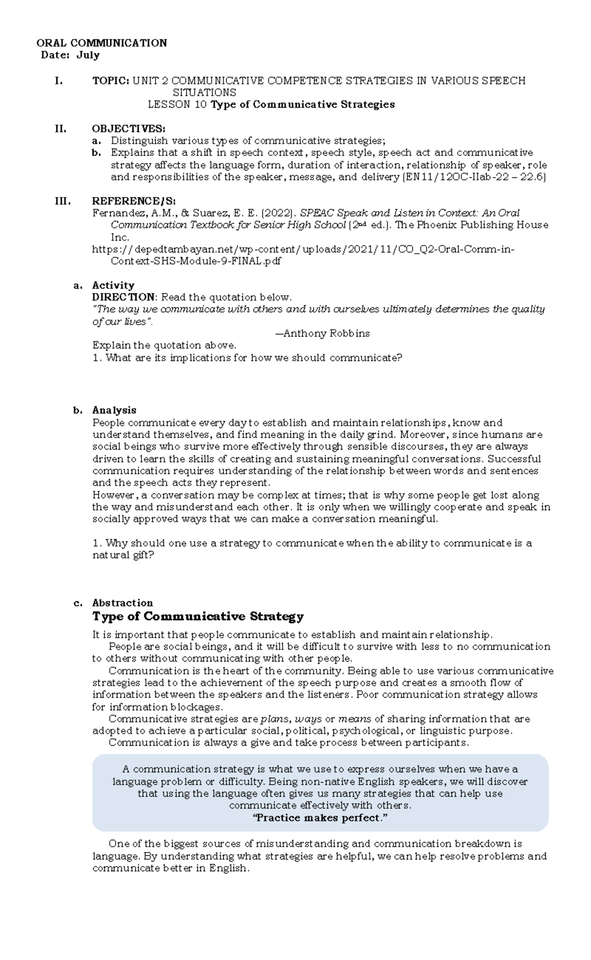 ORAL COMMUNICATION (Unit 2) - Communicative Competence Strategies in ...