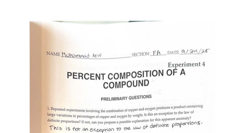 Percent Composition Experiment 4 Questions (OPME) - Studocu