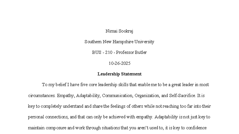 BUS 210 Leadership Statement: Core Skills for Effective Leadership ...