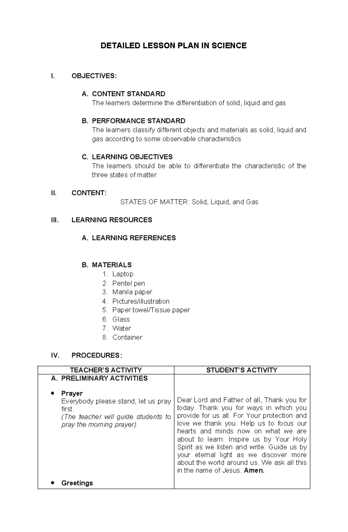 5Es Detailed Lesson Plan: Understanding States of Matter in Science ...
