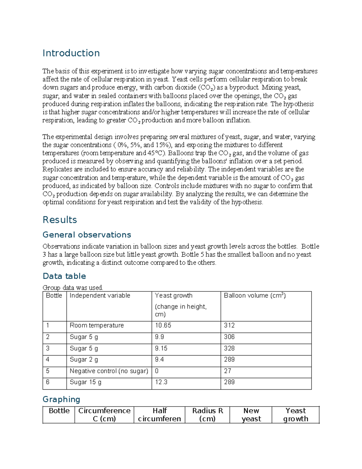 Cellular respiration with Yeast Lab - Introduction The basis of this ...