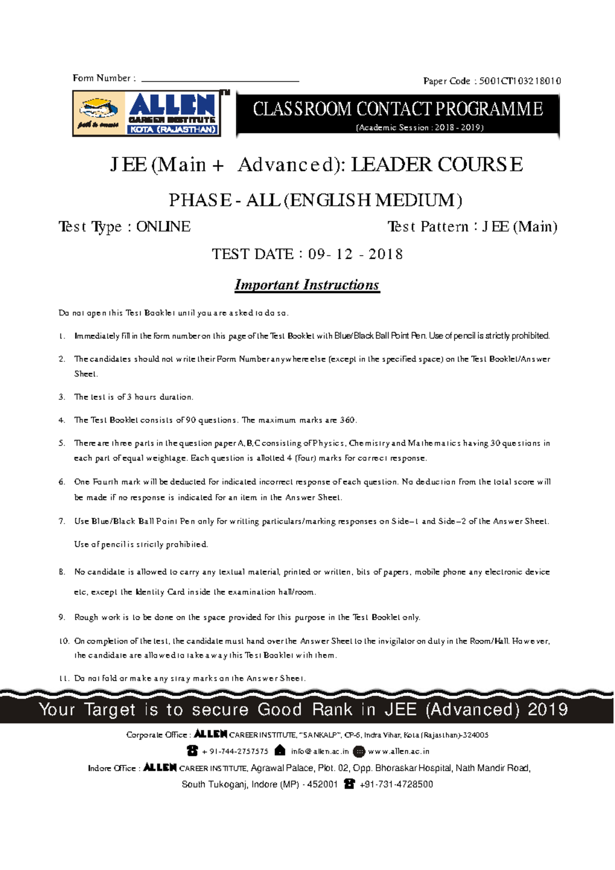 JEE (Main Advanced) 2019: Classroom Contact Programme Test Instructions ...