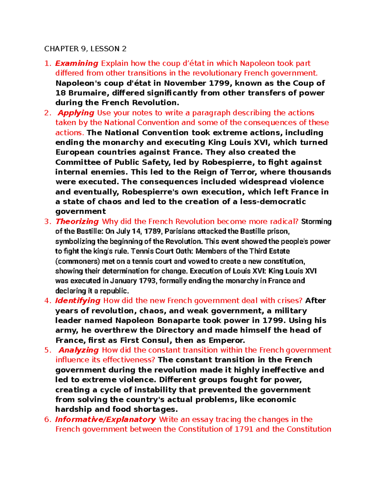 CHAPTER 9: LESSON 2 - Analyzing the French Revolution's Government ...