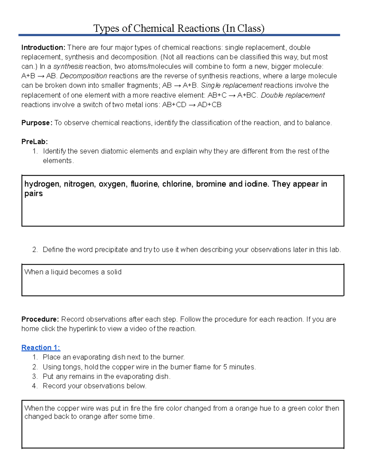 Types of Chemical Reactions: An In-Class Lab Guide - Studocu
