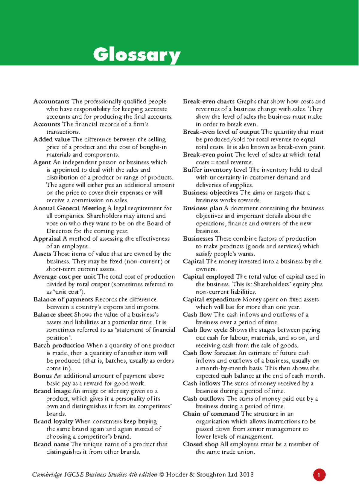 Cambridge IGCSE Business Studies Glossary (406438562) - Studocu